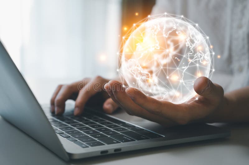 Business Man Holding Virtual Globe and Using Laptop Computer, Represent ...