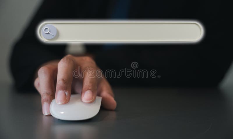 Business Man Holding White Mouse on Hand and Blank Search Bar Stock ...