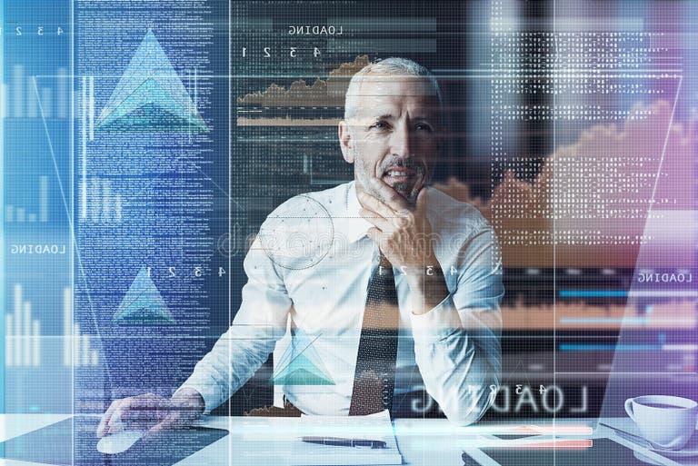 Business Man, Hologram and Software with Code, Confused or Programming ...