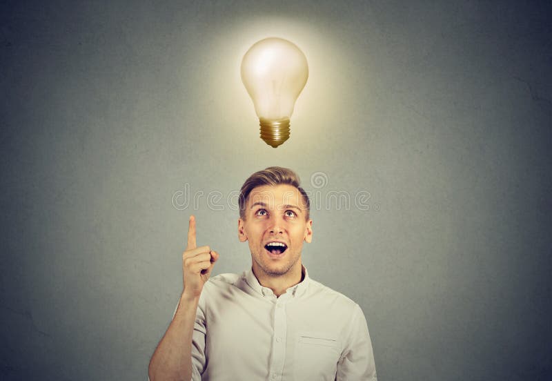 Business Man with Idea Solution and Light Bulb Over Head Stock Image ...