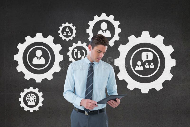 Business Man Interacting with People in Cogs Graphics Against Grey ...