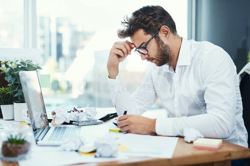 Business Man, Laptop and Documents with Mess, Mistake and Thinking for ...