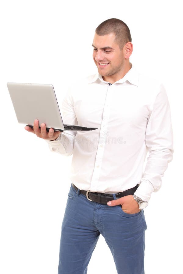 Man with a laptop in hand stock image. Image of media - 105440615