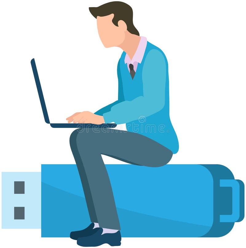 Business Man with Laptop Sitting on Usb Flash Drive. Freelancer or ...