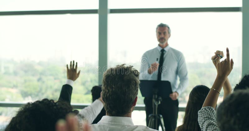 Business Man, Leader and Raised Hand at Conference for Question, Answer ...
