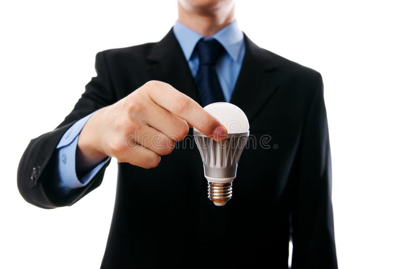 Business Man with LED Light Bulb Stock Photo - Image of bulb, equipment ...