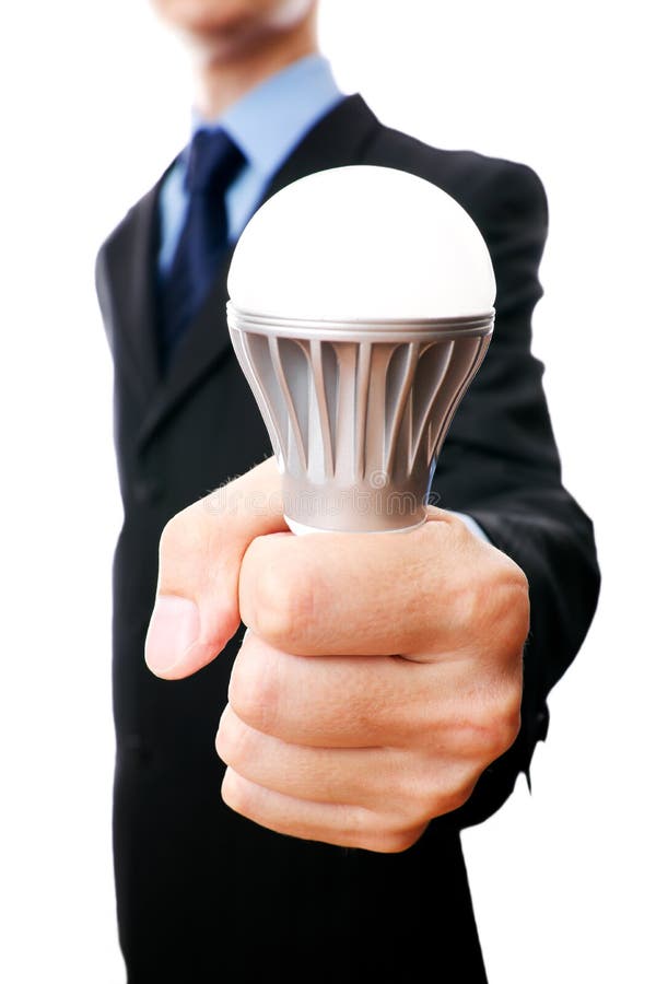 Business Man with LED Light Bulb Stock Photo - Image of illumination ...