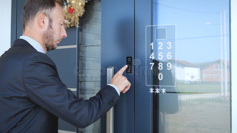 Business Man Locking Smart Home Door with Password before Leaving Stock ...