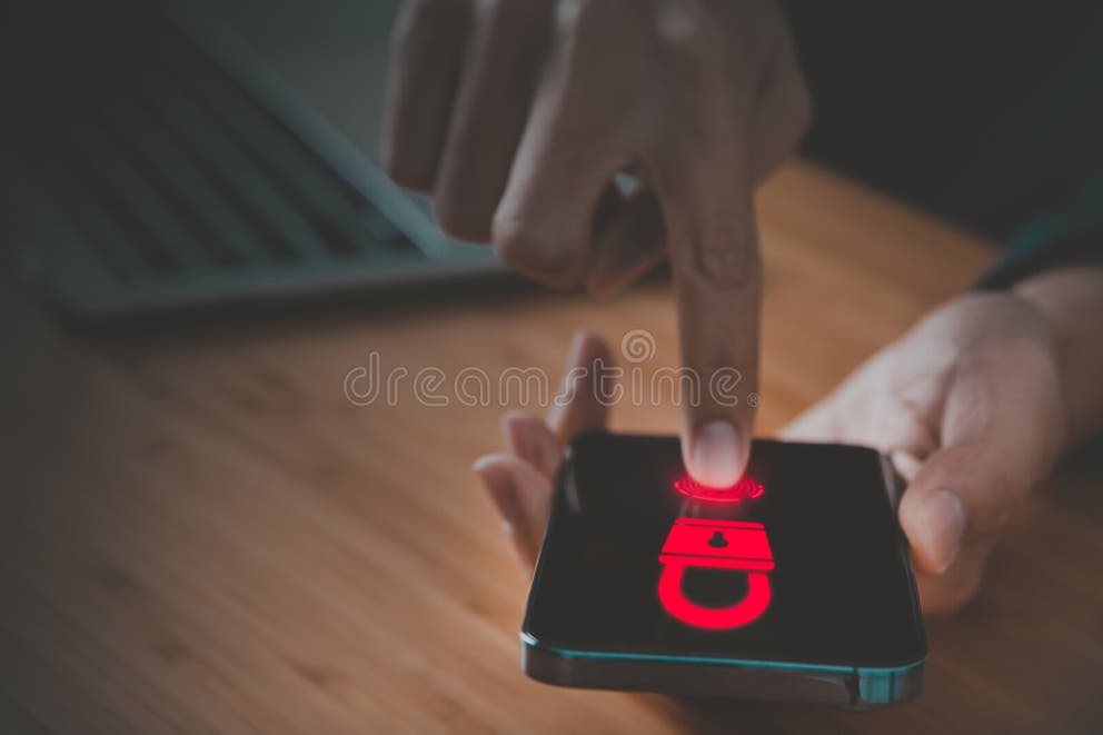 Business Man is Logging into System by Mobile Phone and Touch Security ...