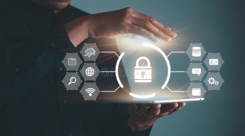 Business Man is Logging into System and Security Icon on Screen ...