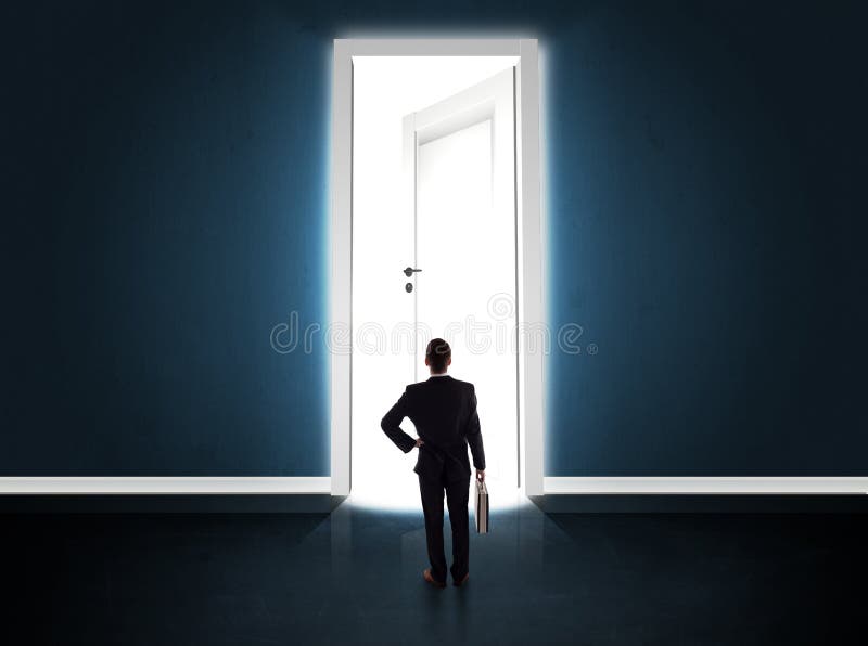Business Man Looking at Big Bright Opened Door Stock Photo - Image of ...