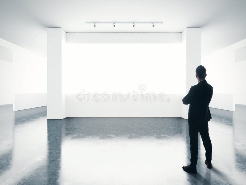 Business Man Looking at Empty Screen in Contemporary Gallery Stock ...