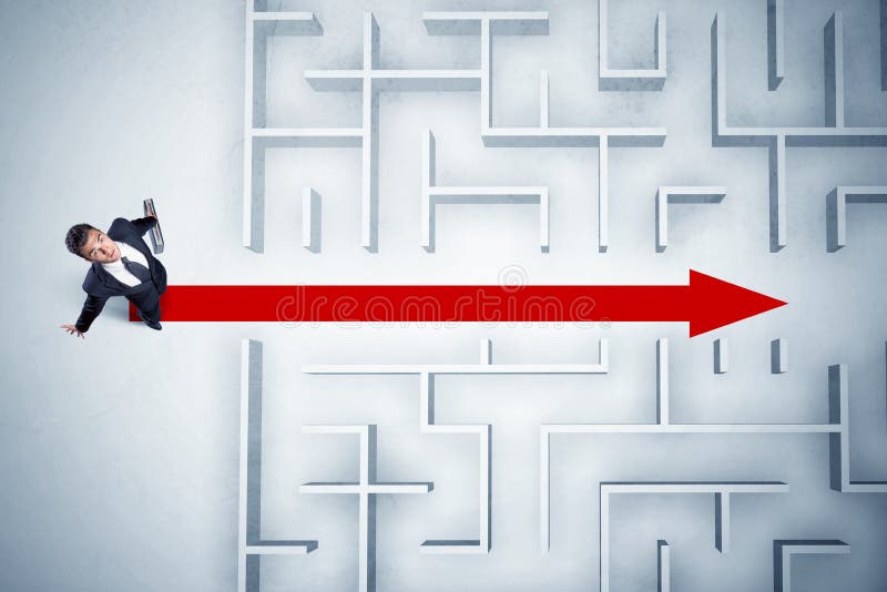 Business Man Looking at Maze with Red Arrow Stock Image - Image of ...