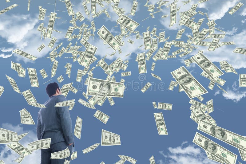Business Man Looking At Money Rain Against Sky With Clouds Stock Image ...