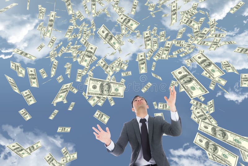Business Man Looking at Money Rain Against Sky with Clouds Stock Image ...
