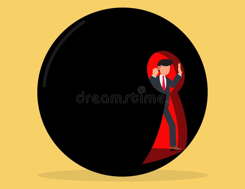 Business Man Looking Out of Giant Keyhole with Curiosity. Problem ...
