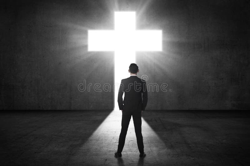 Business Man Looking the Shining Cross on the Wall Stock Photo - Image ...