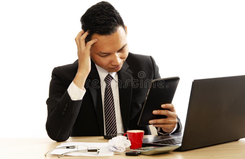 Business Man Looking into Tablet Computer and Having Headache on White ...