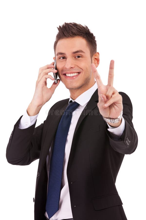 Business Man Making Victory Sign on Phone Stock Photo - Image of modern ...