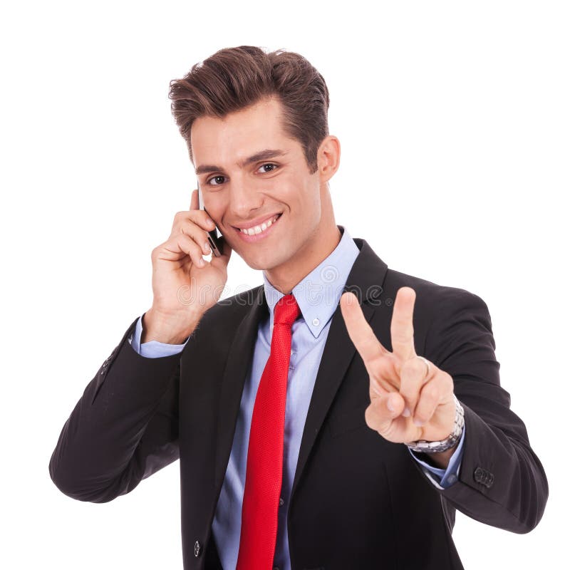 Business Man Making Victory Sign on Phone Stock Photo - Image of people ...