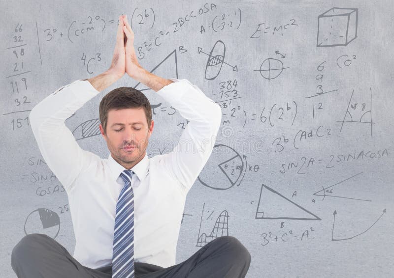 Business Man Meditating Against Light Grey Wall with Math Doodles Stock ...