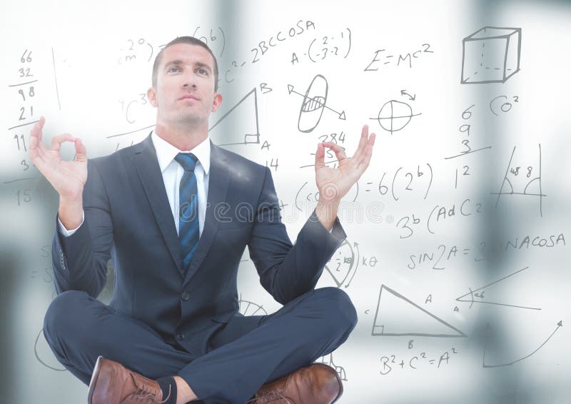 Business Man Meditating in Blurry Grey Office with Flare and Math ...