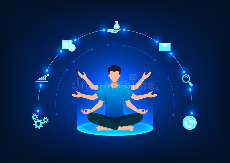 Business Man Meditating with Multiple Arms with Icons Representing ...