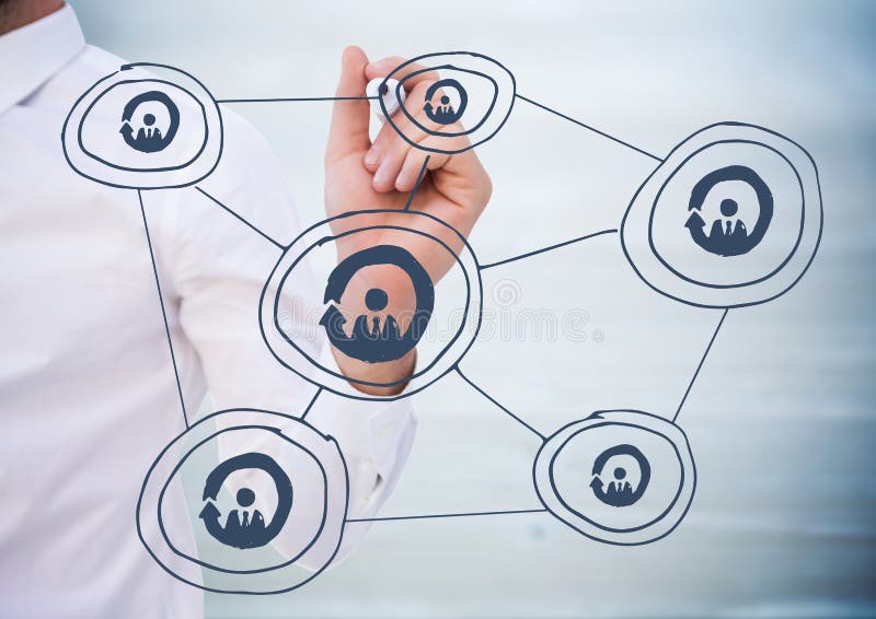 Business Man Mid Section Drawing Network Doodle Against Blurry Blue ...