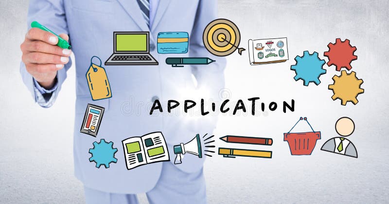 Business Man Mid Section with Marker Behind Application Doodles Against ...