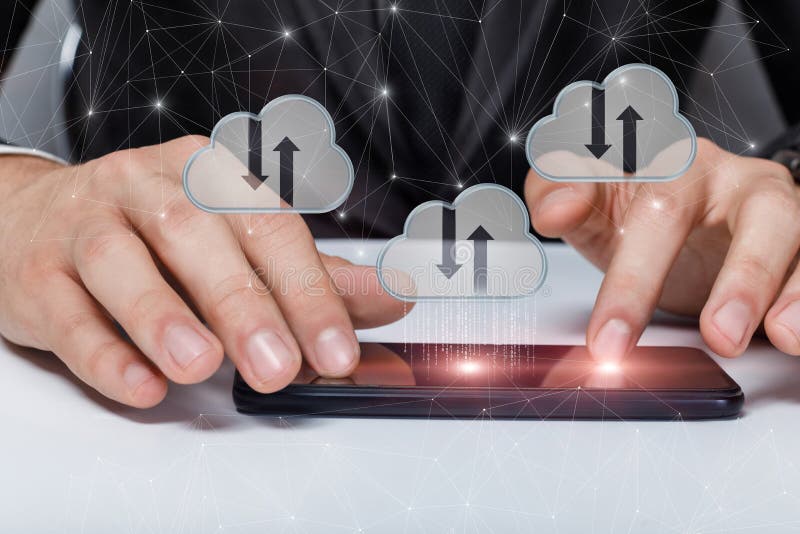 Businessman on Mobile Device Working with Data Clouds Stock Photo ...