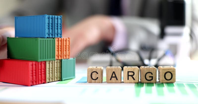 Business Man Moves Stack of Cargo Containers on Office Table with ...