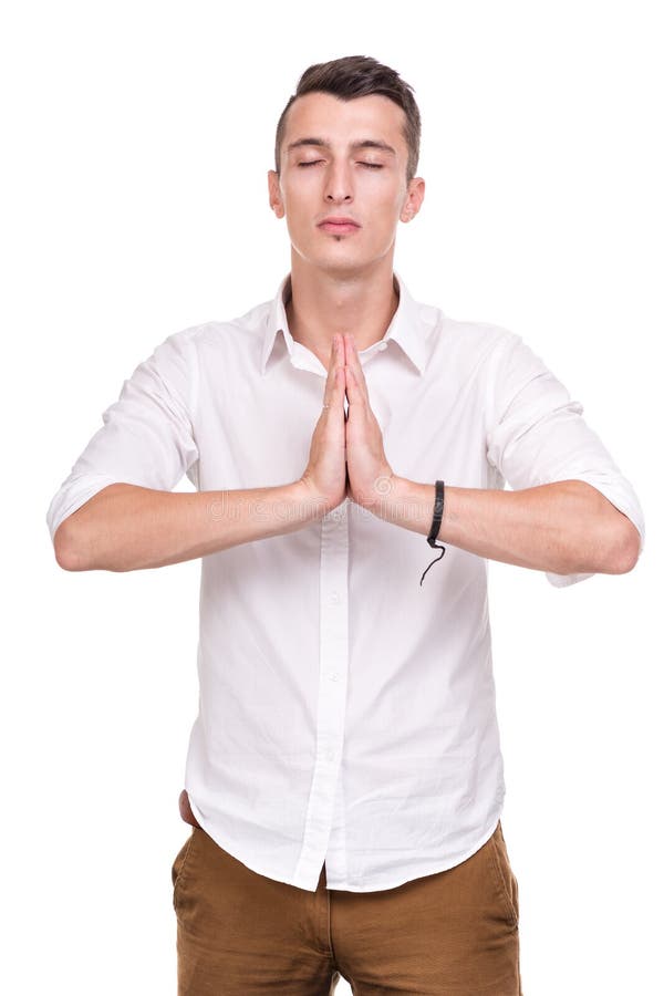 Business Man in Namaste Pose Against Isolated White Stock Image - Image ...