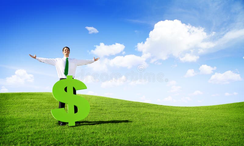 Business Man Outdoors with Dollar Sign Arms Raised Stock Image - Image ...