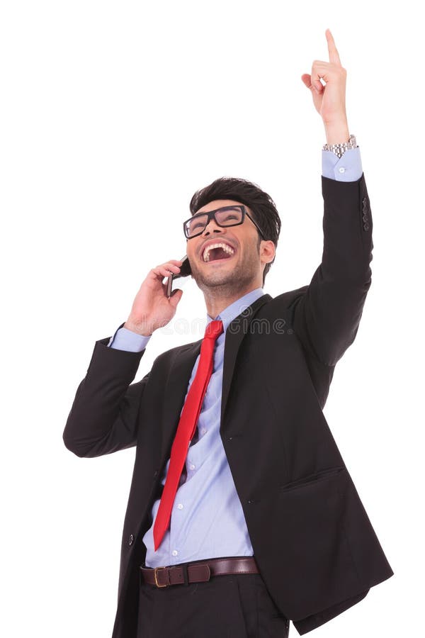 Business Man on the Phone Pointing Up Stock Photo - Image of confident ...