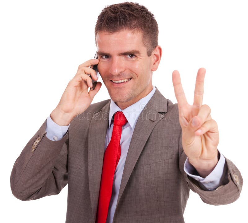 Business Man on the Phone Victory Sign Stock Photo - Image of approve ...
