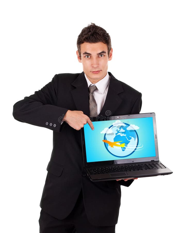 Business Man Pointing at a Laptop with Airplane Stock Photo - Image of ...