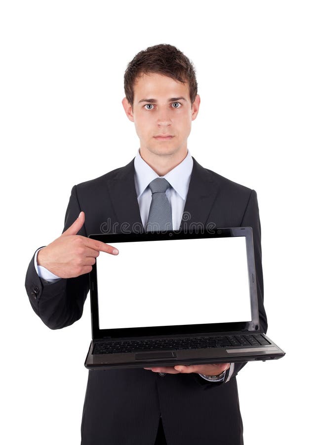 Business Man Pointing at a Laptop Computer Stock Photo - Image of adult ...