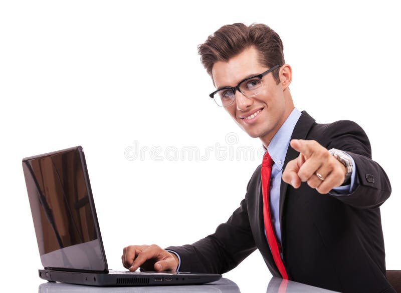 Businessman Working on a Computer with His Thumb Up Stock Image - Image ...
