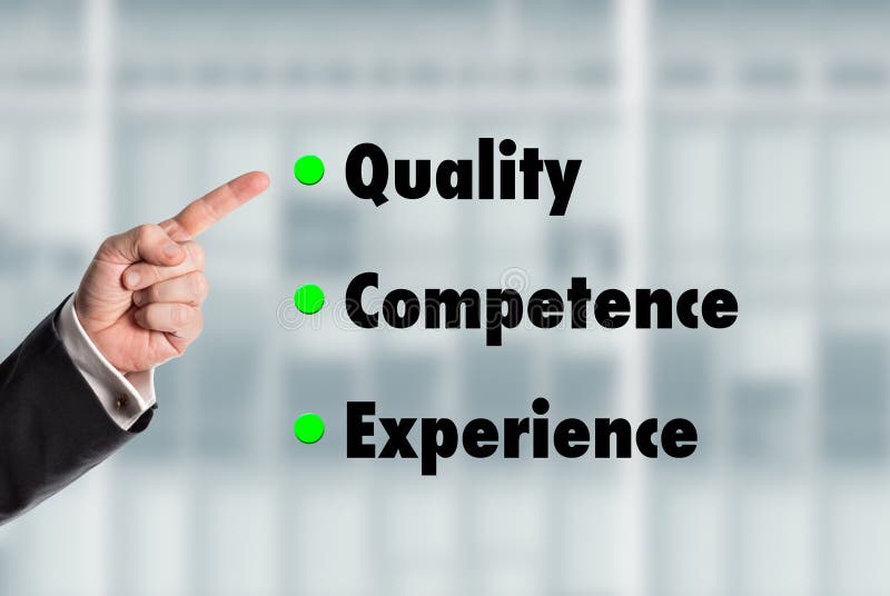Business Man Pointing at the Words, Quality-Competence-Experienc Stock ...