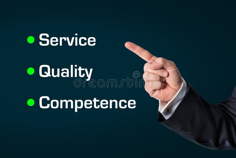 Business Man Pointing at the Words -Service, Quality, Competence Stock ...