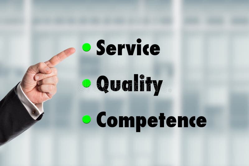 Business Man Pointing at the Words, Service-Quality-Competence Stock ...