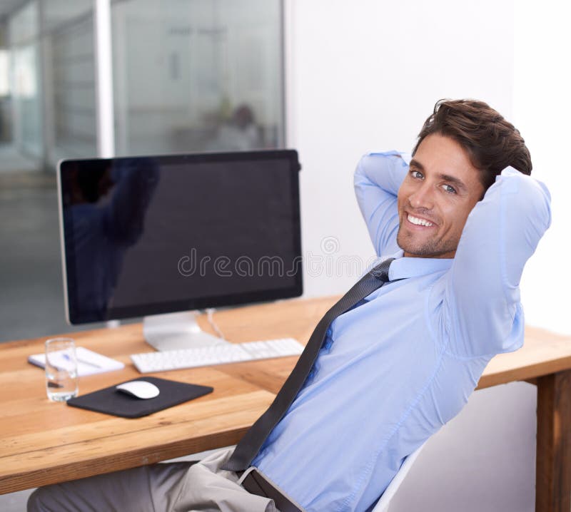 Business Man, Portrait and Relax by Computer Screen, Network and ...