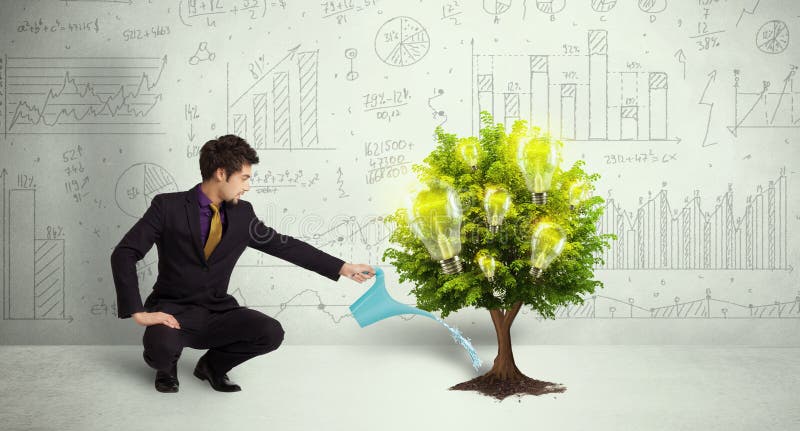 Business Man Pouring Water on Lightbulb Growing Tree Stock Image ...