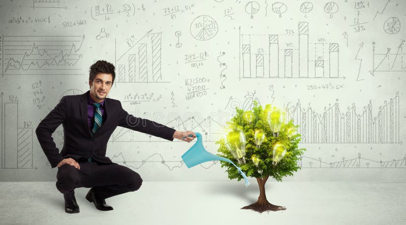 Business Man Pouring Water on Lightbulb Growing Tree Stock Image ...