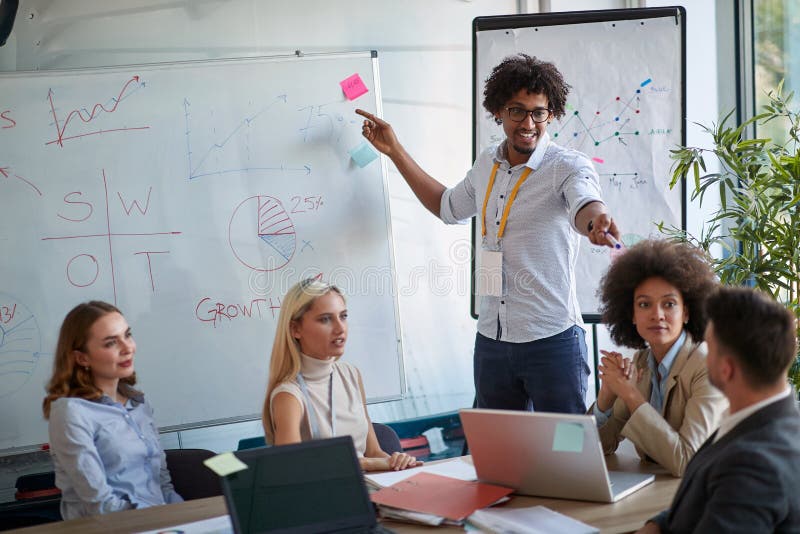 Business Man Present His Idea To Working Team.Business People Talking ...