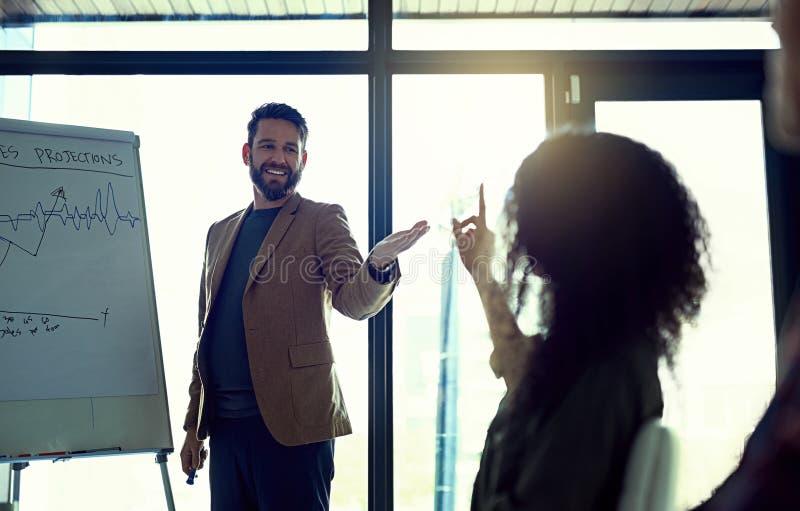 Business Man, Presentation and Question with Meeting Chart, Mentor and ...