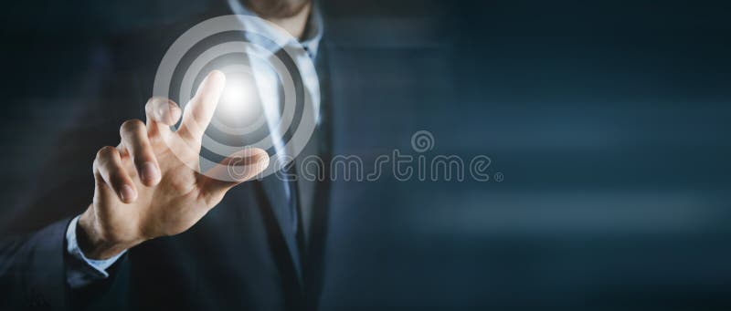 Business Man Presses on Touch Screen Stock Photo - Image of point ...