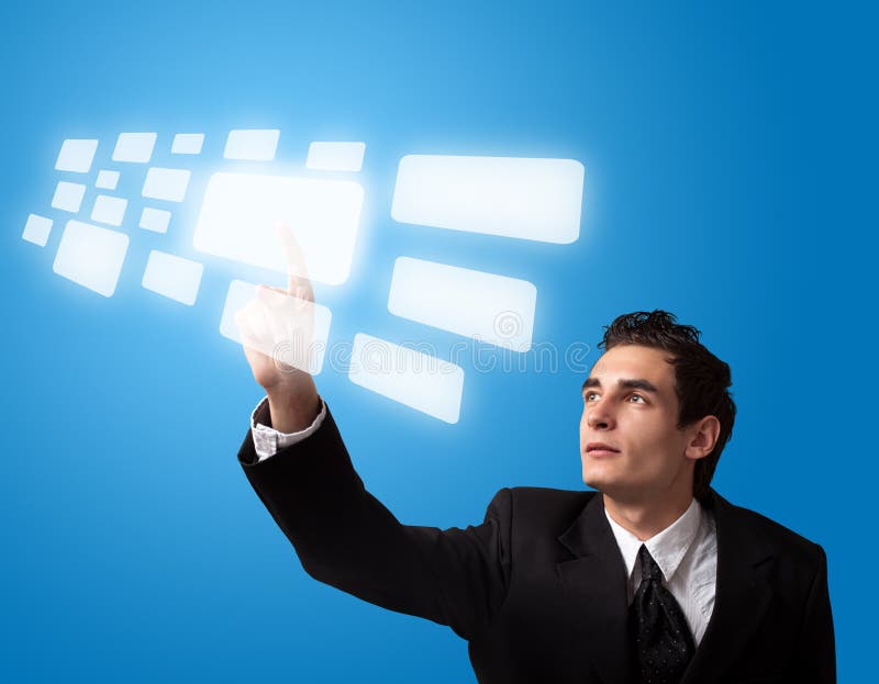 Business Man Pressing Button Stock Image - Image of confident, hand ...