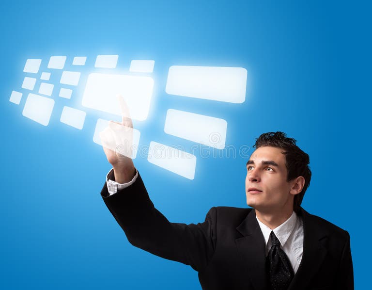 Business Man Pressing Button Stock Image - Image of confident, hand ...