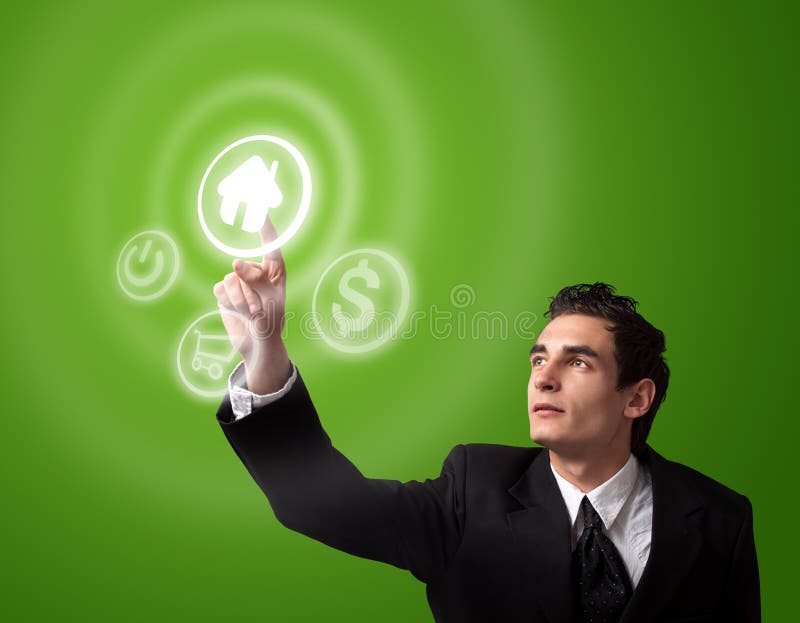 Business Man Pressing Button Stock Photo - Image of computer, home ...